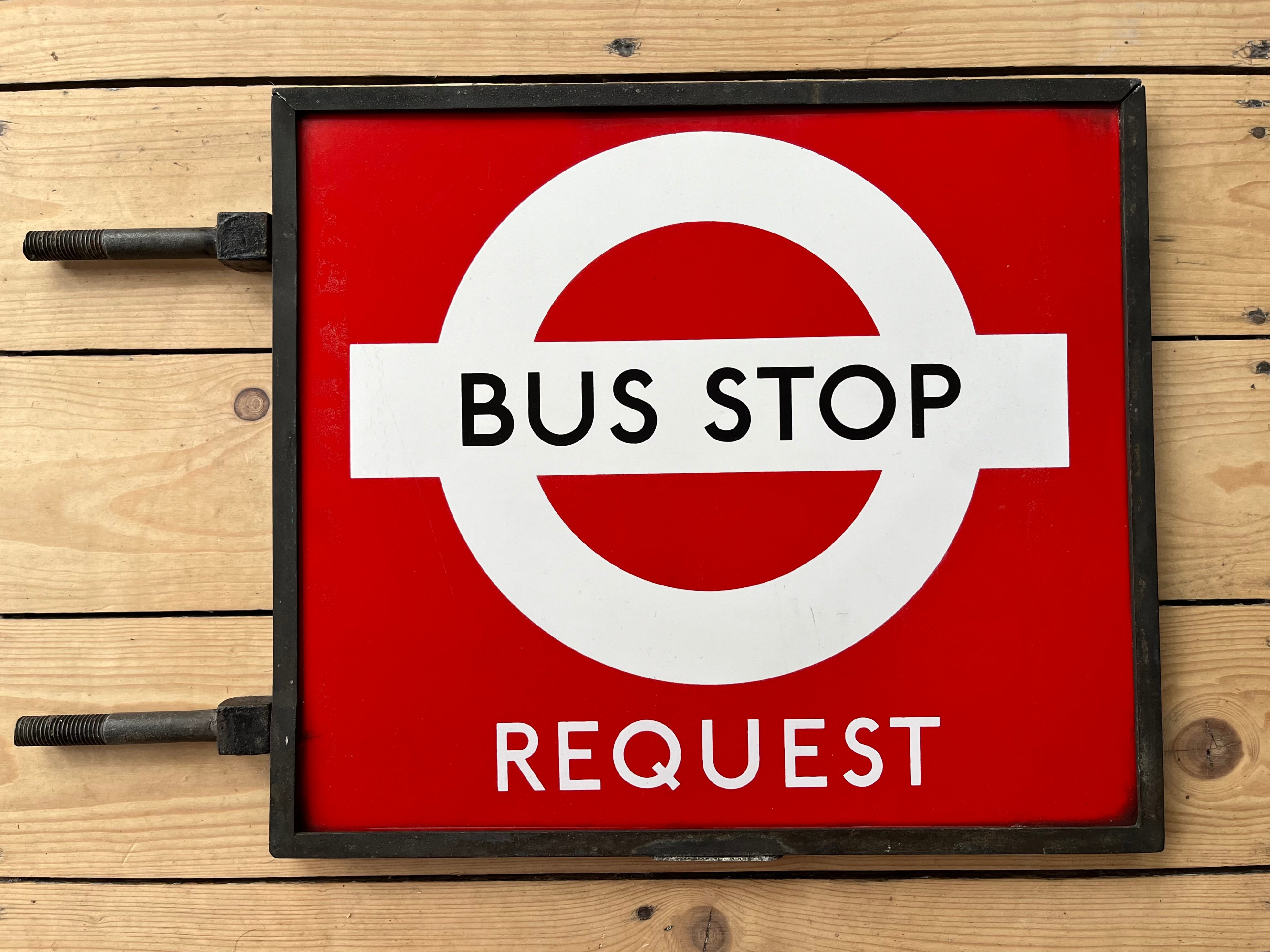 Double-sided, enamel & bronze, London Transport 'Request' Bus Stop Fla ...